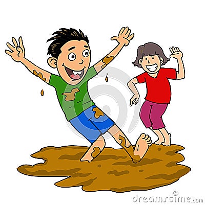 Happy Kids Playing With Mud Cartoon Vector | CartoonDealer.com #214104819