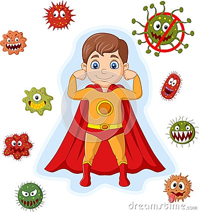 Cartoon Strong Superhero Boy With Viruses And Bacteria Vector ...