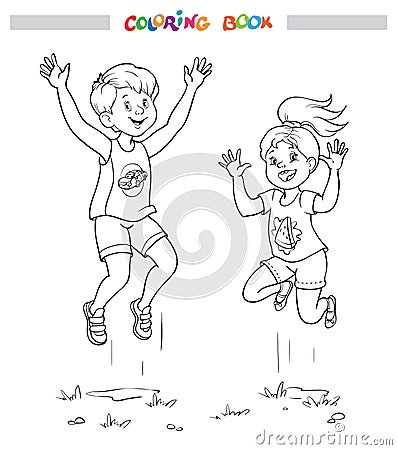 Black And White Coloring Book Or Illustration. Joyful Girl And Boy Are ...