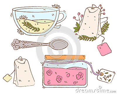Hand Drawn Cute Tea Set. Teabags With Leaves, Glass Cup Of Herbal Tea ...
