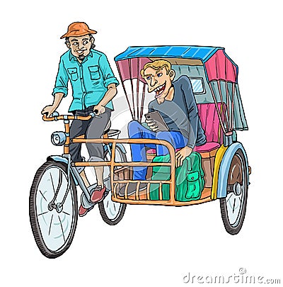Freehand Illustration, The Rickshaw Pullers Carry A Passenger ...