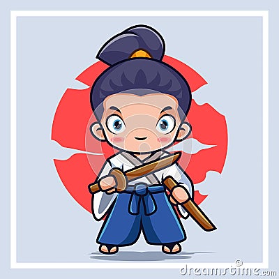 Cartoon Cute Little Samurai Holding A Wooden Sword Vector Illustration ...