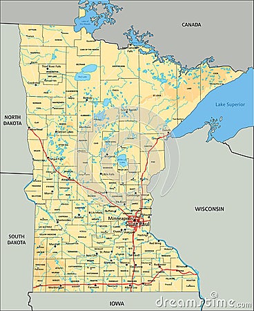 Detailed Minnesota Physical Map With Labeling. Vector Illustration ...