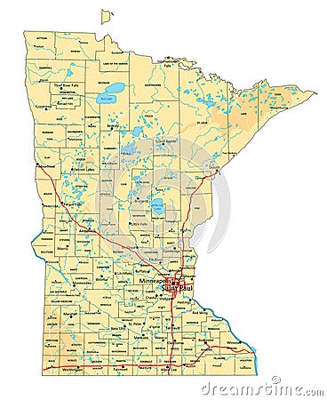 Detailed Minnesota Physical Map With Labeling. Cartoon Vector ...
