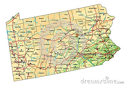 Detailed Pennsylvania Physical Map With Labeling. Cartoon Vector ...