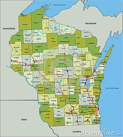 Detailed Editable Political Map With Separated Layers. Wisconsin ...