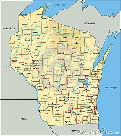 Detailed Wisconsin Physical Map With Labeling. Cartoon Vector ...