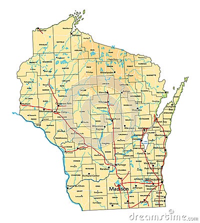 Detailed Wisconsin Physical Map With Labeling. Cartoon Vector ...