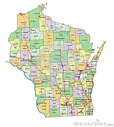 Wisconsin - Detailed Editable Political Map With Labeling. Cartoon ...