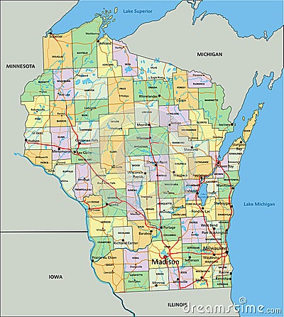 Wisconsin - Detailed Editable Political Map With Labeling. Vector ...