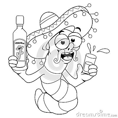 Tequila Worm Drinking A Bottle Of Tequila. Vector Black And White ...