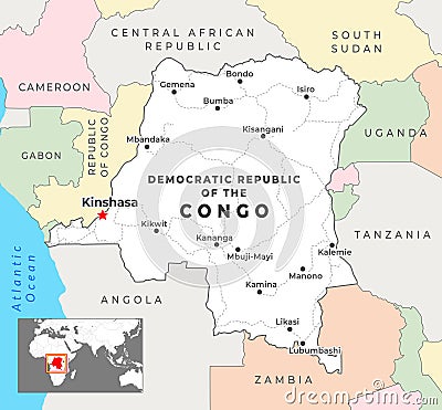 Congo Democratic Republic Political Map With Capital Kinshasa, Most ...