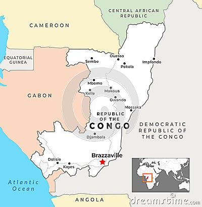 Republic Of The Congo Political Map With Capital Brazzaville, Most ...