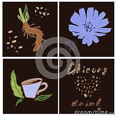 Print Design Set Of Square Cards With Chicory Flower, Granules, Root ...