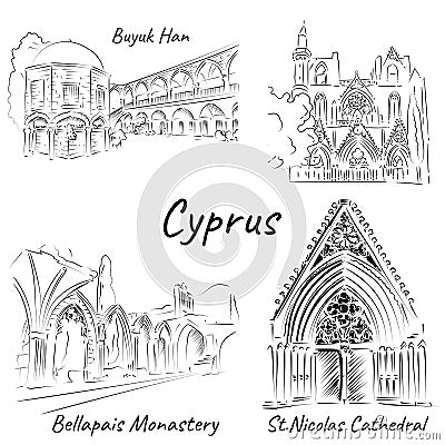 Collection Outline Drawing Of Cyprus Landmarks. Vector Illustration ...