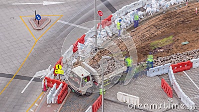 Process of Sidewalk Road Repairing with Many Builder Workers and ...