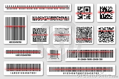 Product Barcodes And QR Codes With Red Scanning Line. Identification ...