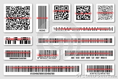 Product Barcodes And QR Codes With Red Scanning Line. Identification ...