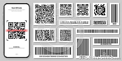 Product Barcodes And QR Codes. Smartphone Application, Scanner App. Identification Tracking Code ...