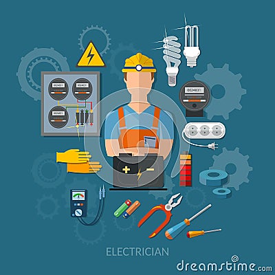 Professional Electrician With Electricity Tools Flat Vector Stock ...