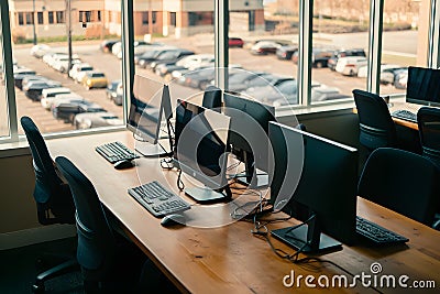 Professional, Spacious Office Setup With Three Monitors, Keyboards, Mice, And Large Windows ...