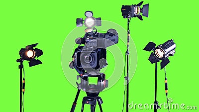 Professional Studio Spotlights And A Professional Video Camera On A ...