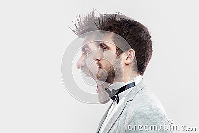 Profile Side View Portrait Of Two Faced Young Man In Calm Serious And ...