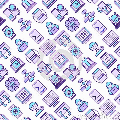 Programming Seamless Pattern With Thin Line Icons: Developer, Code, Algorithm, Technical Support ...