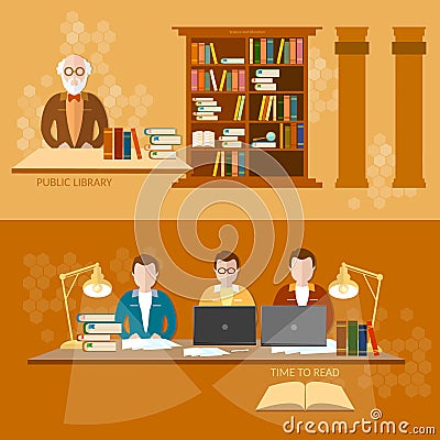 Public Library Students Reading Books Librarian Banners Vector ...