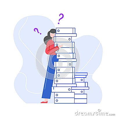 Puzzled And Pensive Woman With Stack Of Folders Vector Illustration ...