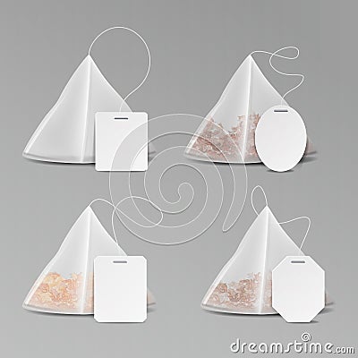 Pyramid Shape Tea Bag Set. Mock Up With Empty Square, Rectangle Labels ...