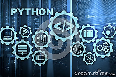 Python Programming Language On Server Room Background. Programing ...
