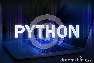 Python Text On Blue Technology Background With Laptop. Learn Python Programming Language ...