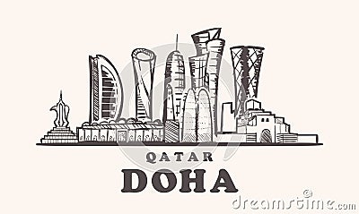 Qatar,Doha Skyline Hand Drawn Sketch Vector Illustration. Royalty-Free ...