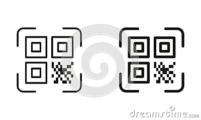 QR Code Scanner Line And Silhouette Black Icon Set. Scan Qrcode Pictogram. Technology ...