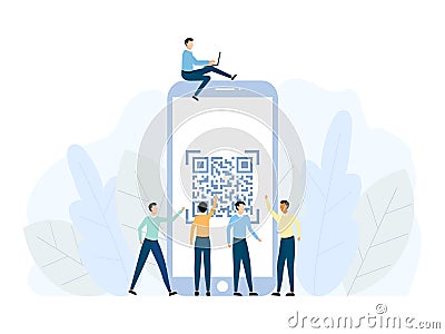 QR Code Scanning Concept. Small People Use Smartphone And Scan Qr Code ...