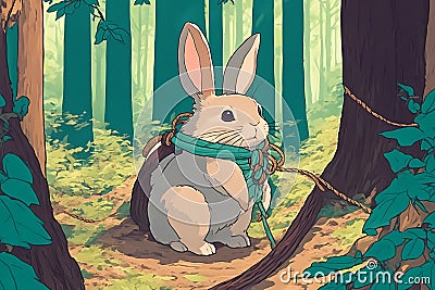 Rabbit In The Forest Tied Up With A Rope Ghibli Style Stock Photo ...