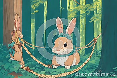 Rabbit In The Forest Tied Up With A Rope Ghibli Style Royalty-Free ...
