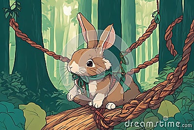 Rabbit In The Forest Tied Up With A Rope Ghibli Style Royalty-Free ...