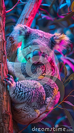Radiant Neon Koala Napping In A Neon Eucalyptus Tree Stock Image ...