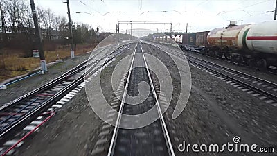 Railway Passenger and Freight Train on the Way View from the Rear ...