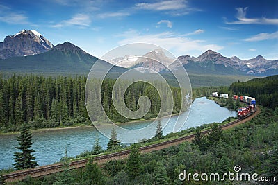 Railway With Train In Banff National Park, Canada Stock Image - Image ...