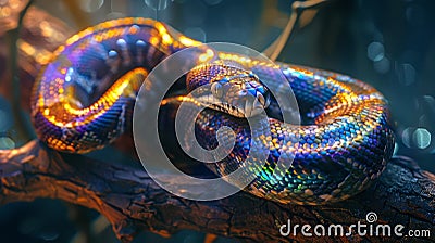 Rainbow Boa Constrictor With Shimmering Scales Coiled On Branch Under ...