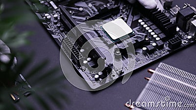 RAM on the Motherboard with the Processor CPU. Assembling a Computer ...