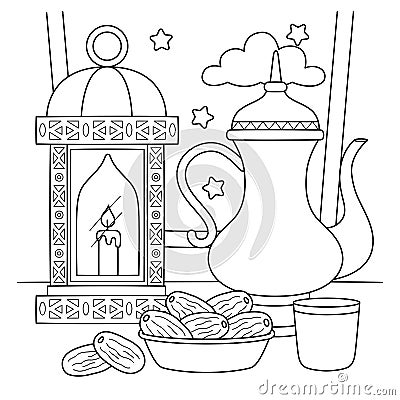 Ramadan Lantern, Tea And Dates Coloring Page Vector Illustration ...