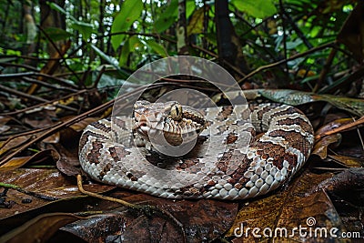 A Rare, Vividly Patterned Gaboon Viper Coiled In The Underbrush Of A ...