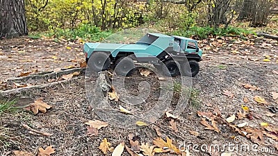 RC Flatbed Towing Truck on Rough Terrain with Tree Roots. Stock Video ...