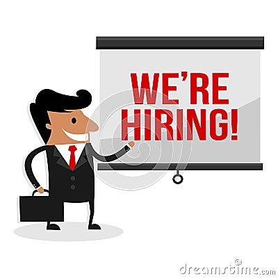 We're Hiring! Business Man Cartoon Character Presentation Screen Stock ...