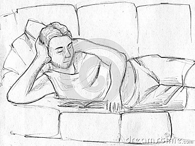 Reading Man Pencil Sketch Stock Illustration - Image: 51566733