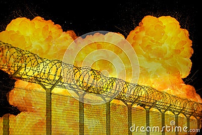 Realistic Orange Fire Explosion Behind Restricted Area Barbed Wire ...